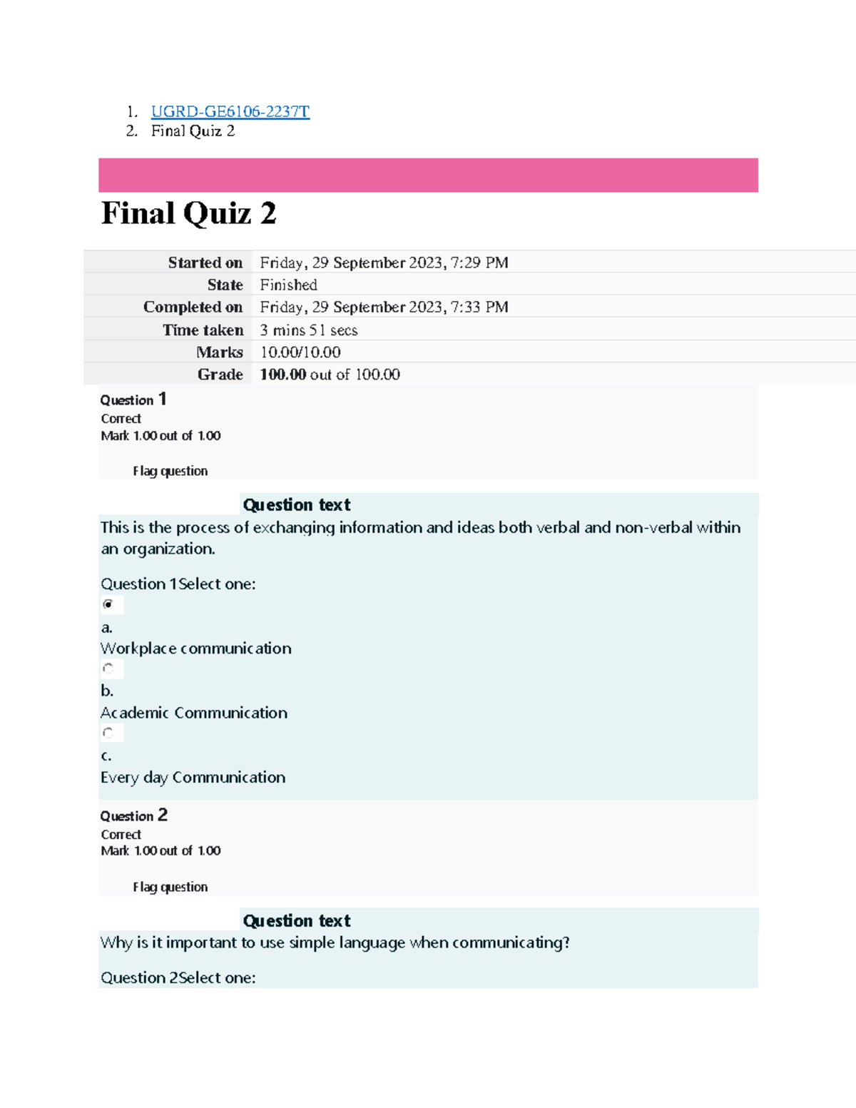 Purposive Comm Final Q2 - 1. UGRD-GE6106-2237T 2. Final Quiz 2 Final ...