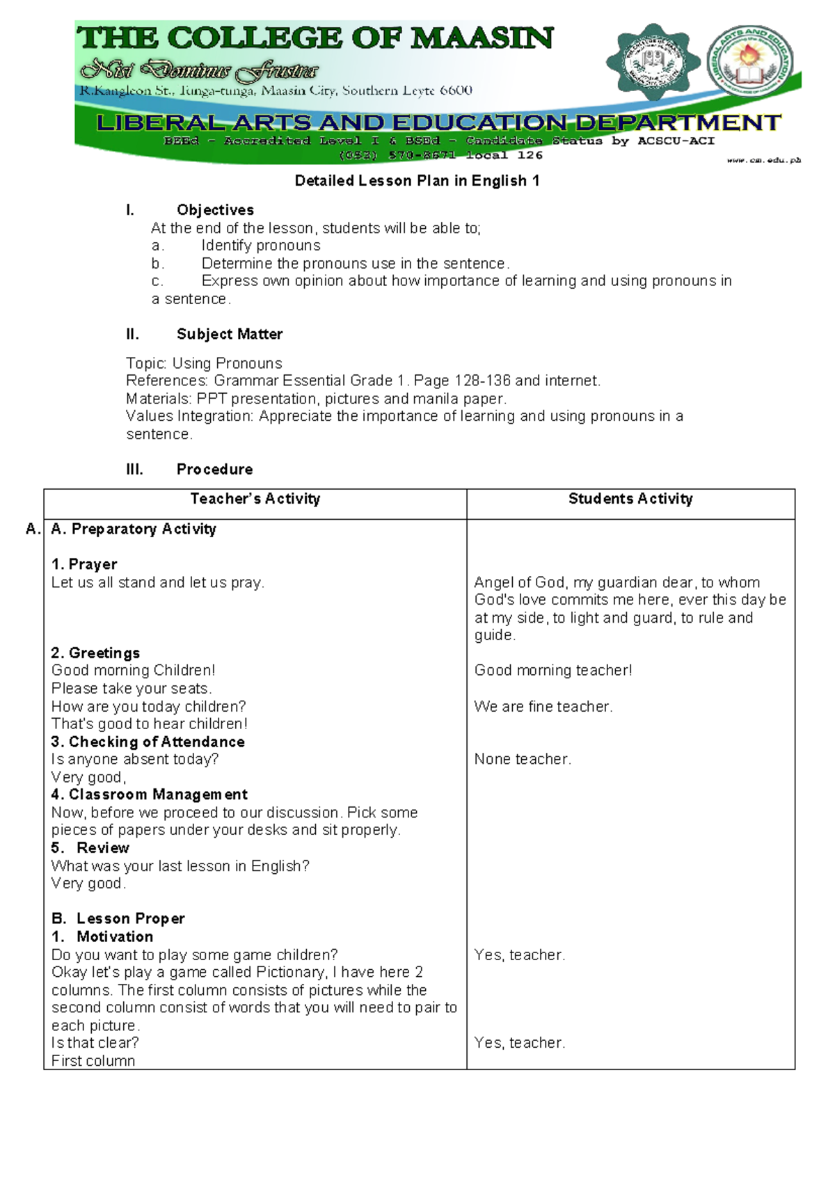 Grade 1 English Lesson PLAN- Using Pronouns - Detailed Lesson Plan in ...