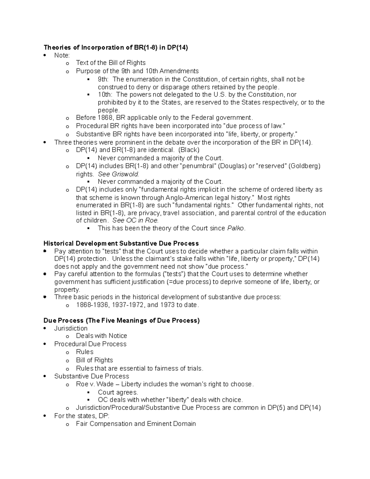 Constitutional Law Outline - 1 - Theories of Incorporation of BR(1-8 ...