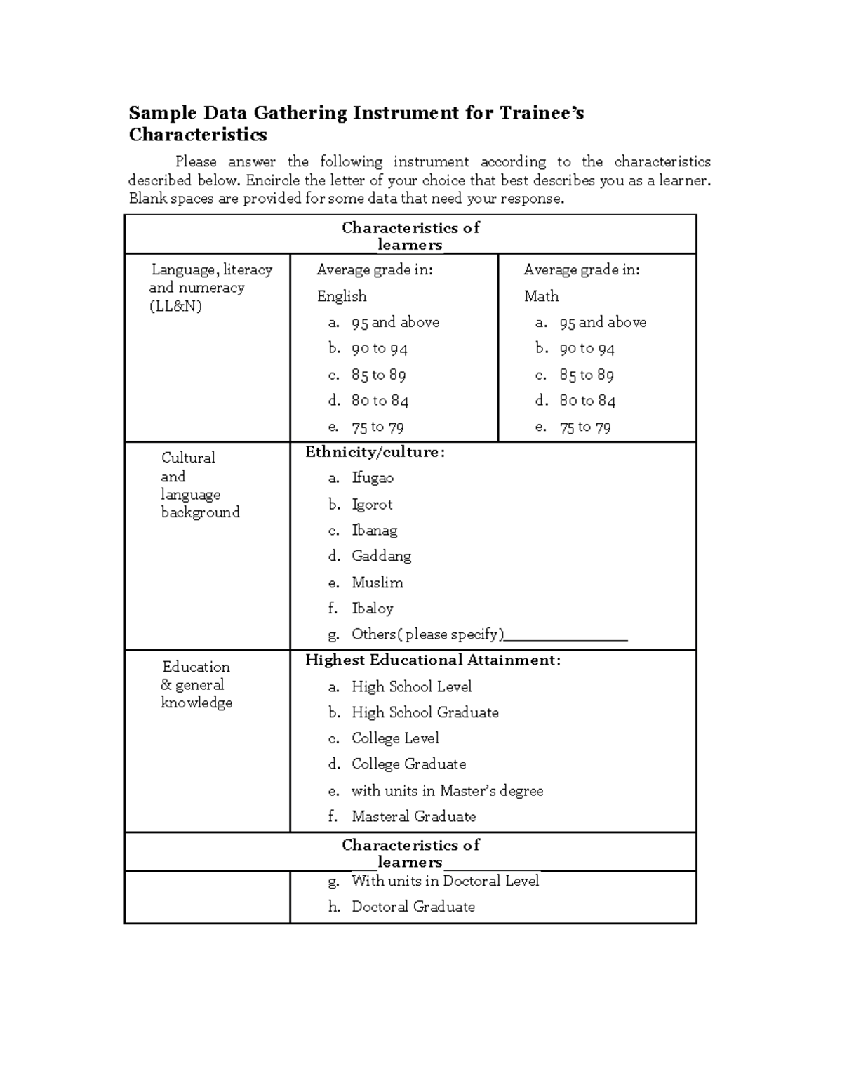Task 1 Sample Data Gathering Instrument for Trainee 3 - Sample Data ...