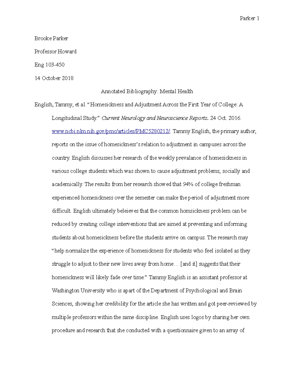 Annotated Bibliography - ENGL 103 - Brooke Parker Professor Howard Eng ...