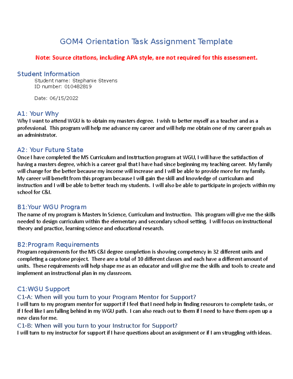 S.Stevens - Performance Assessment - Orientation - GOM4 Orientation Task Assignment Template ...