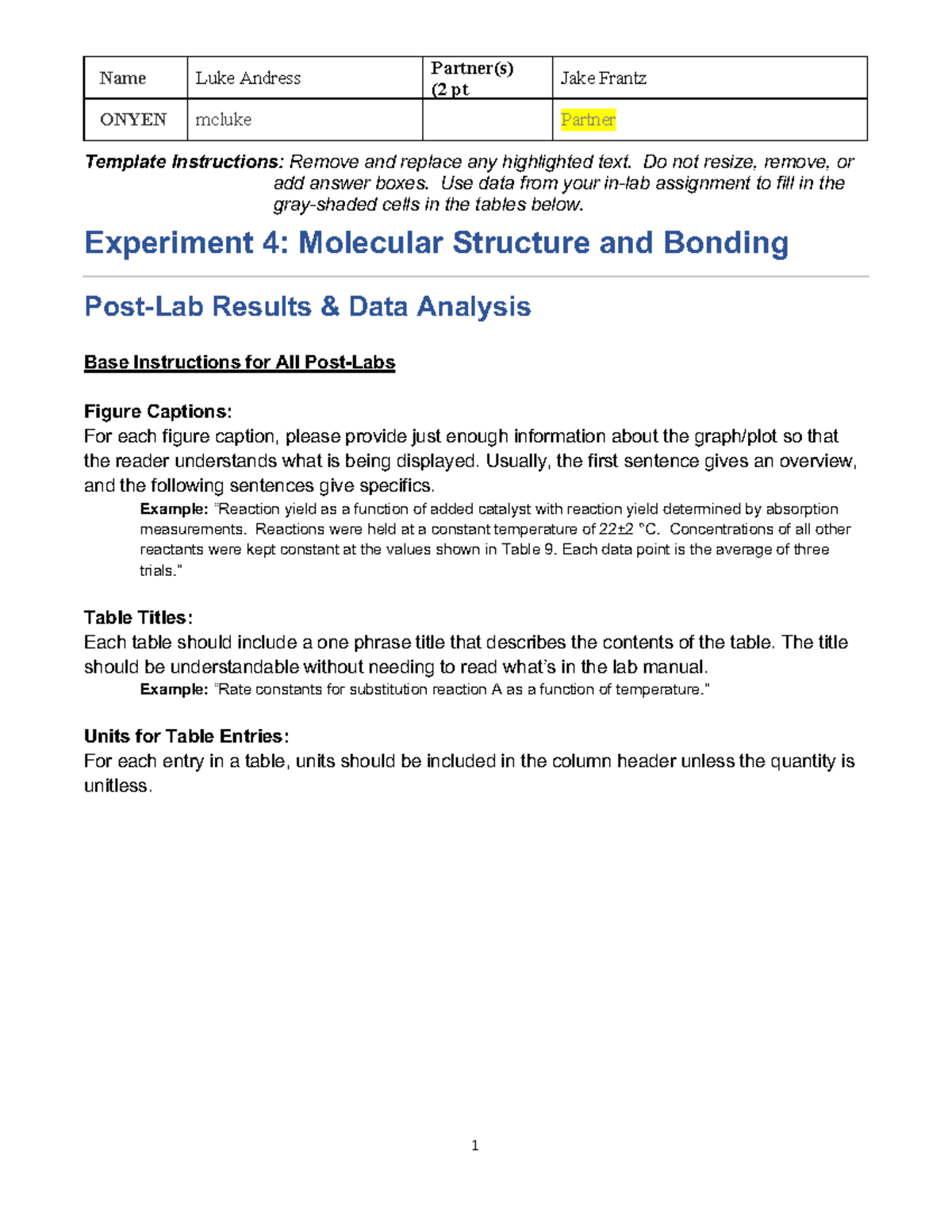 Exp 4. Molecular Structure and Bonding Post-Lab (v1 - Name Luke Andress Partner(s) (2 pt penalty ...