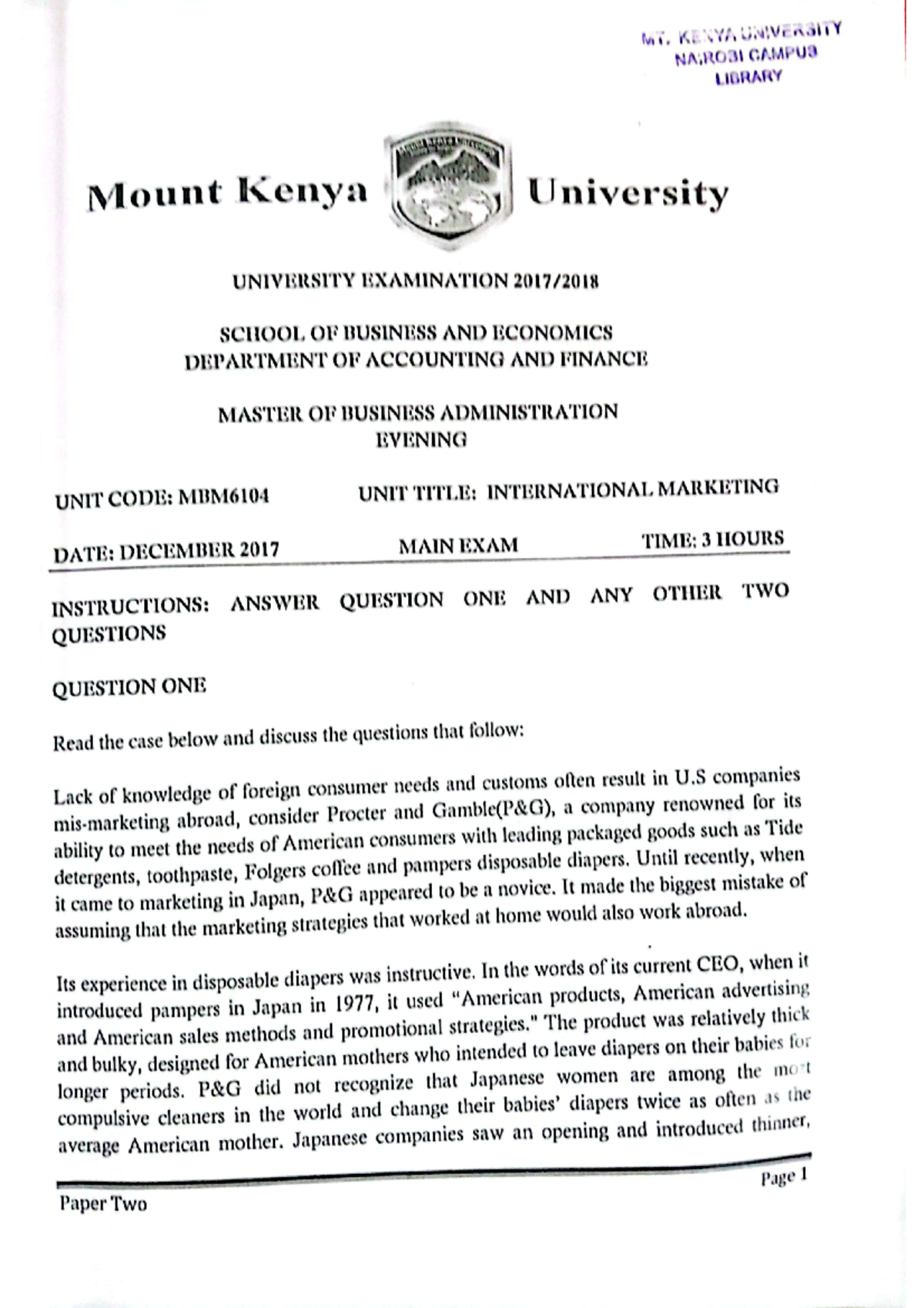 Past Paper Int - Advanced explanation - MT. KENYA UNIVERSITY NAIRO3I ...