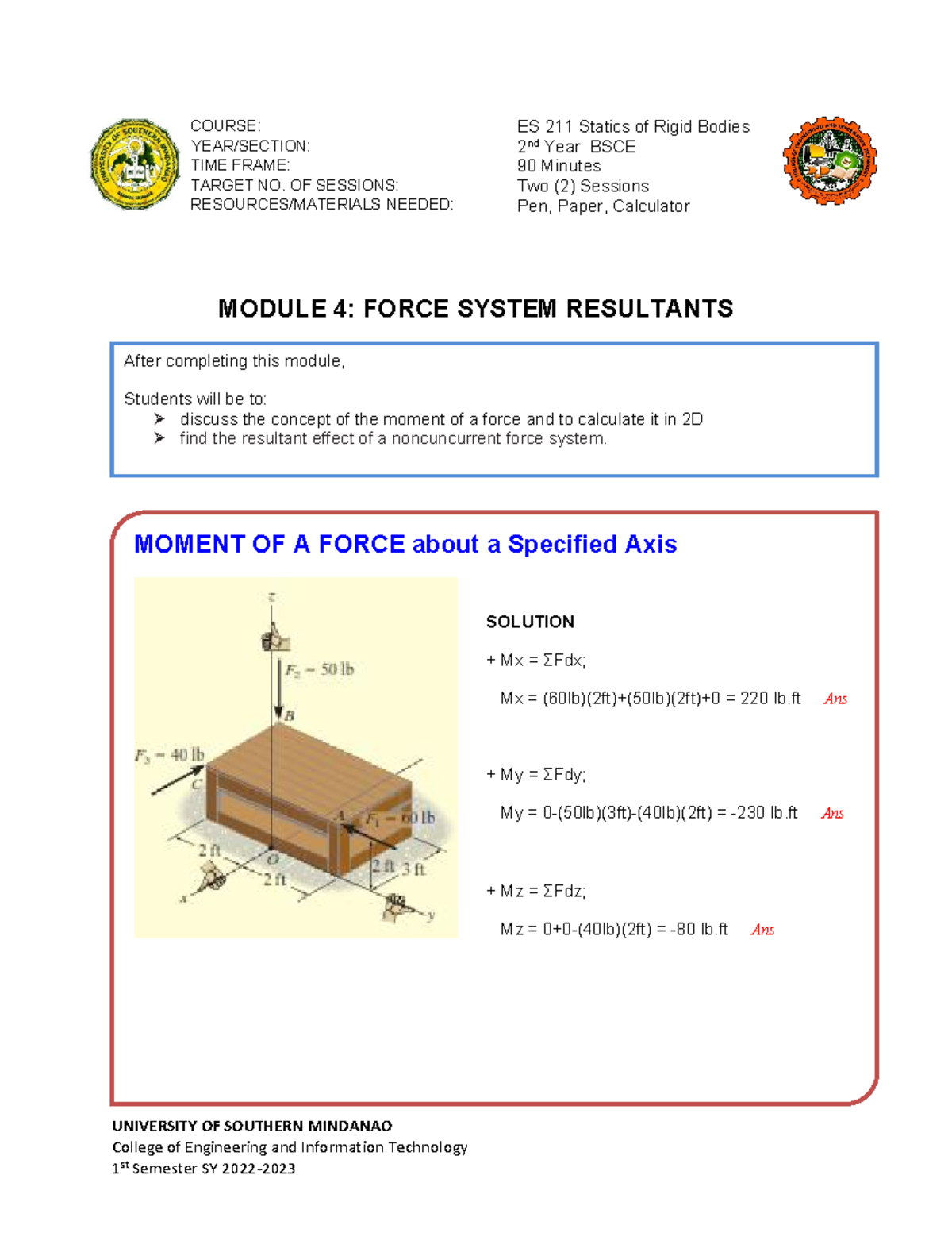 Module 4 Force System cont - UNIVERSITY OF SOUTHERN MINDANAO College of ...