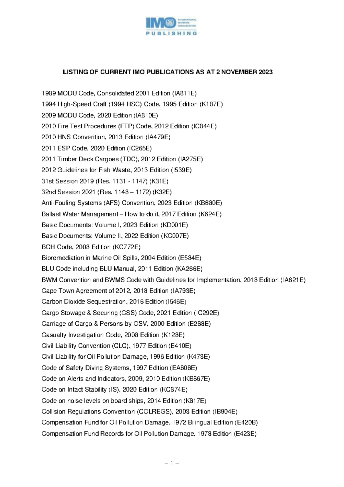 Listing OF Current IMO Publications AT 2 November 2023publicaçõesda ...