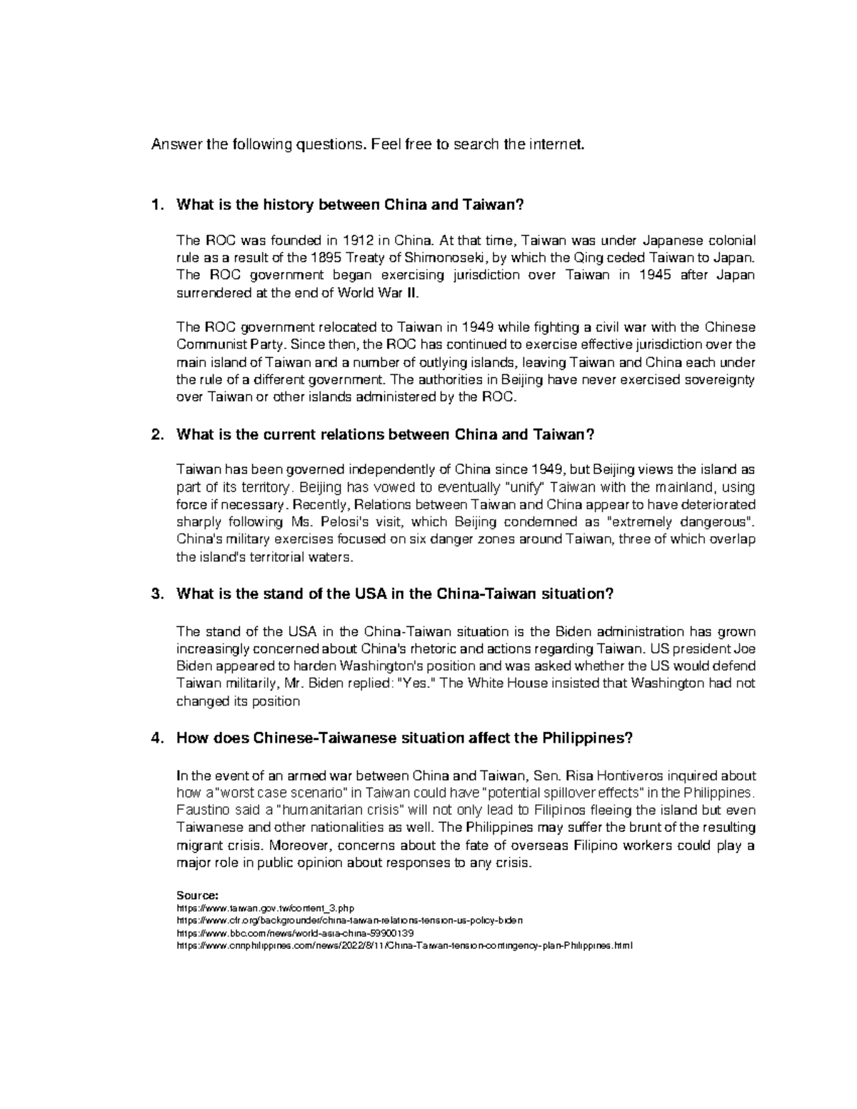 China - Taiwan International Relations - Answer the following questions ...