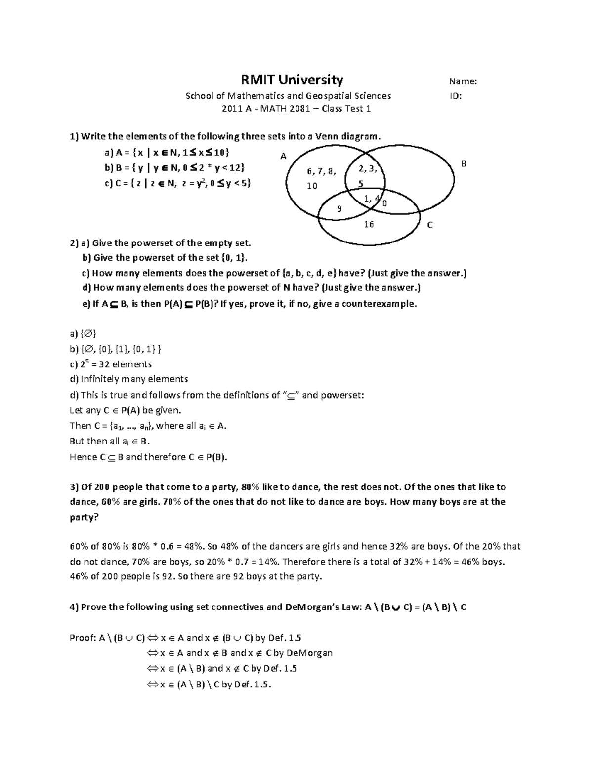 Math 2081 Mathematics For Computing 2011 A All Eleven Class Exams 1 To ...
