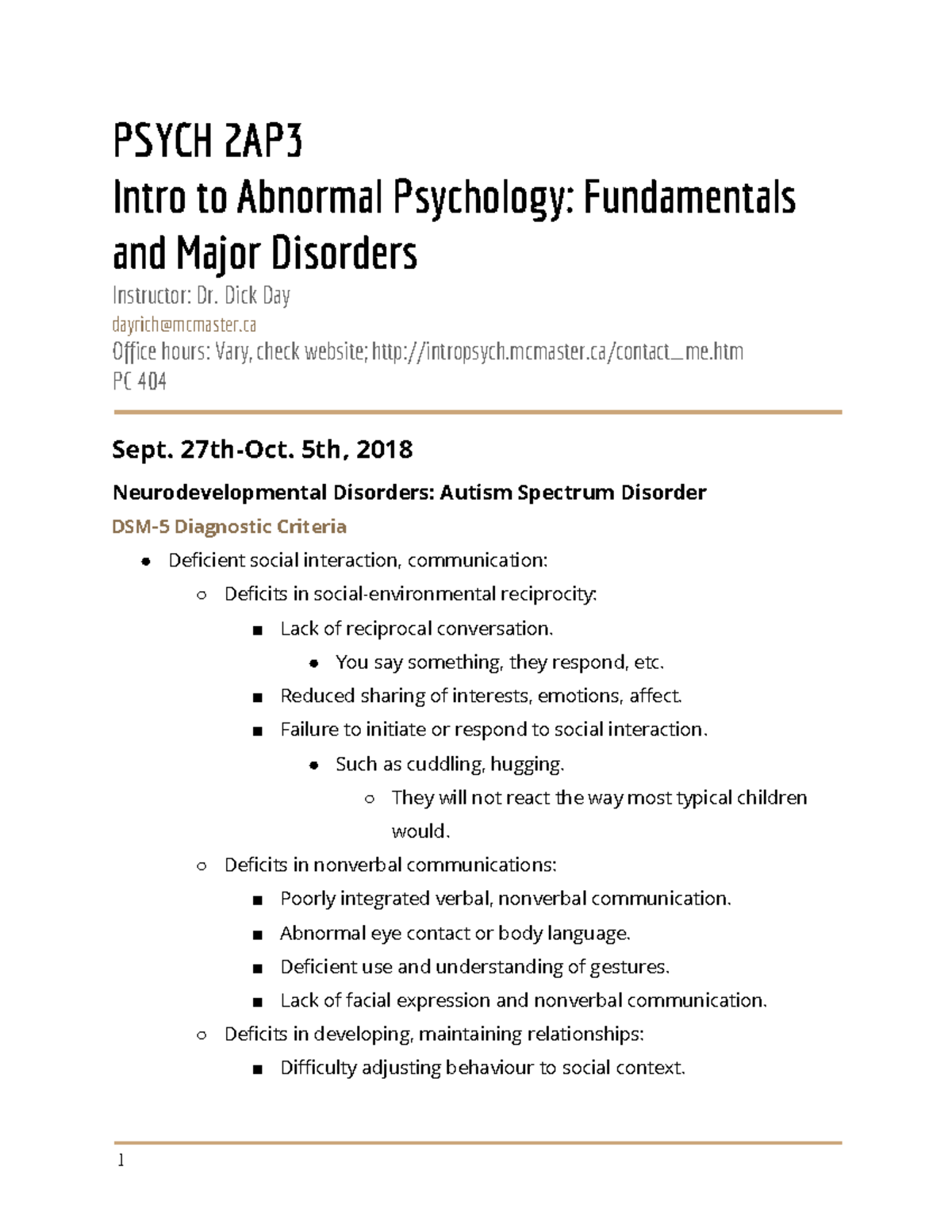 ASD Lecture Notes - PSYCH 2AP3 Intro to Abnormal Psychology ...