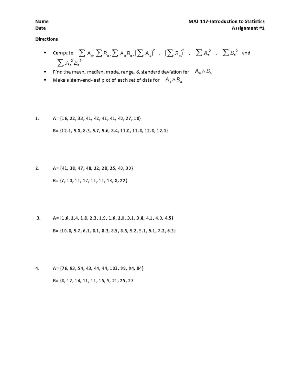 MATH 117-Measures of Central Tendency & Stem-and-Leaf Charts - Name ...