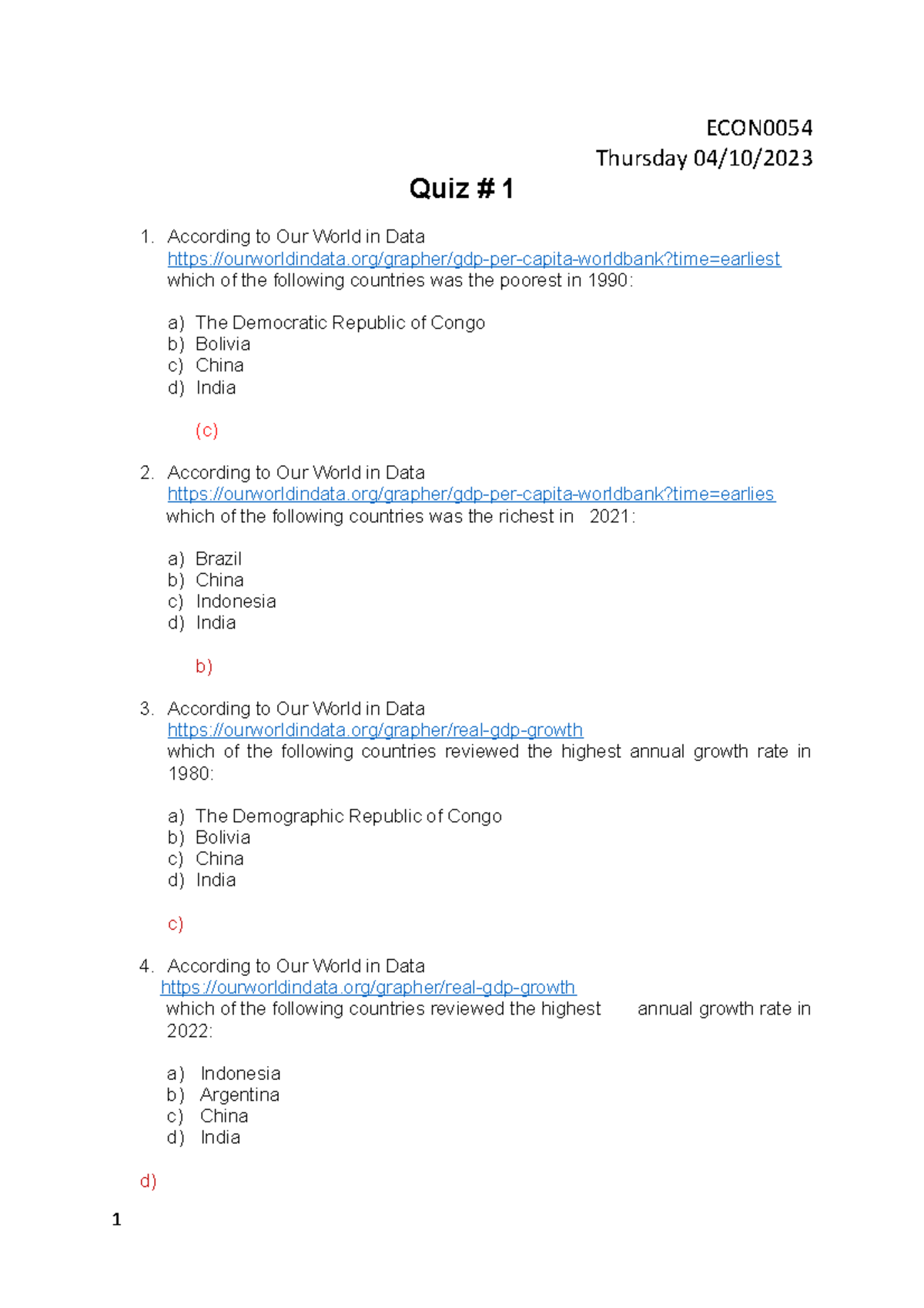 ECON0054 Thursday Quiz 1 with Answers - ECON Thursday 04/10/ Quiz # 1 1 ...