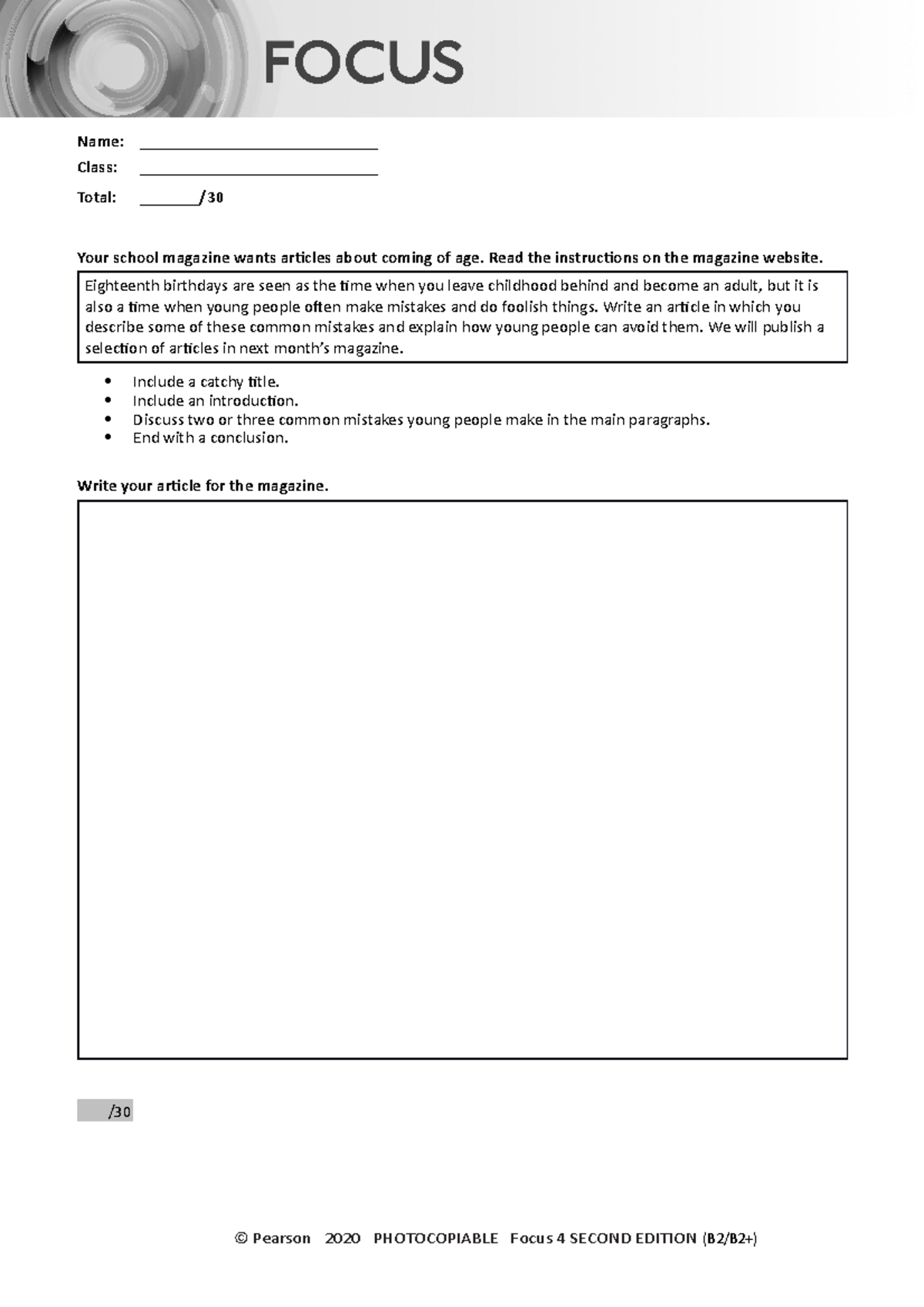 Focus 4 2E Unit Test Writing Unit2 - UNIT TEST 2 Writing Name