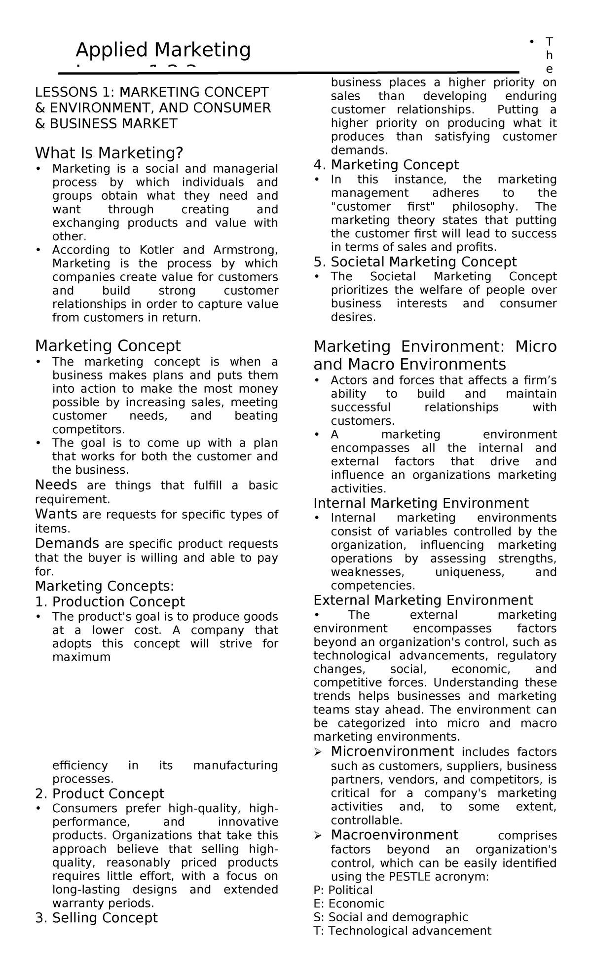 Applied marketing notes - LESSONS 1: MARKETING CONCEPT & ENVIRONMENT ...