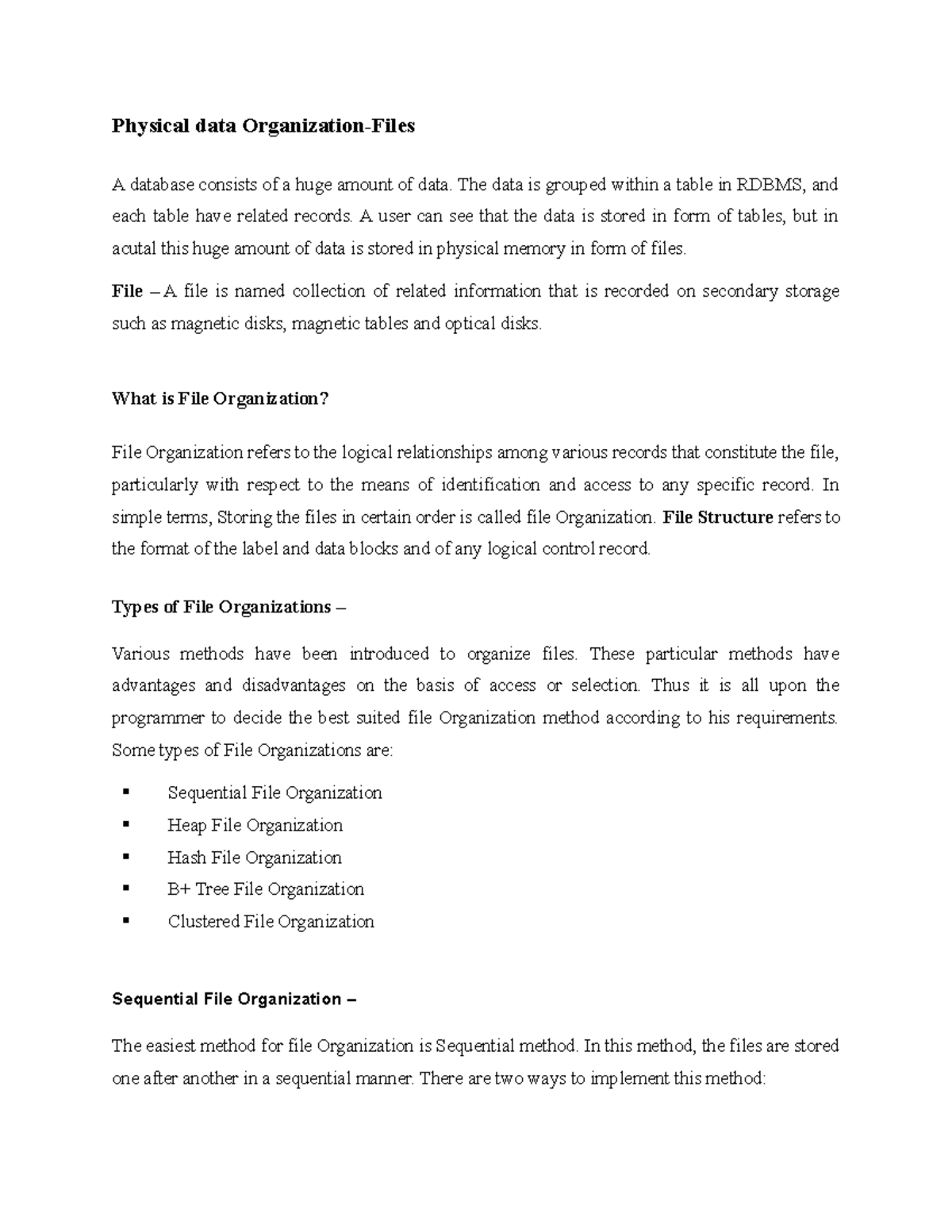 Physical data Organization - Physical data Organization-Files A ...