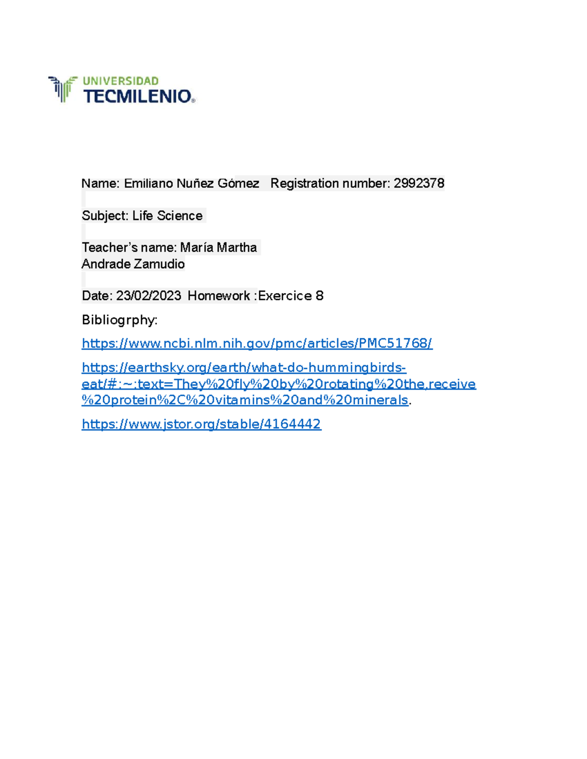 Exercie 8 Life sciense - homework - Name: Emiliano Nuñez Gómez ...