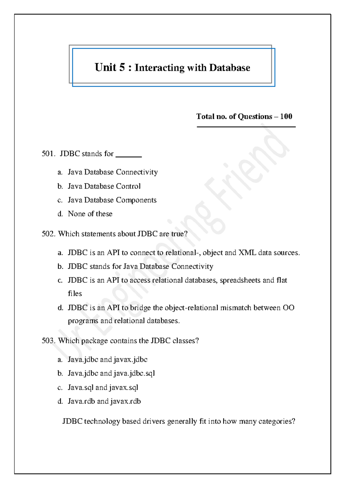 Unit 5 interacting with database - Unit 5 : Interacting with Database Total no. of Questions ...
