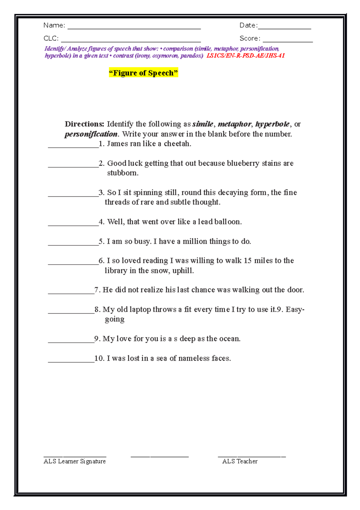 LS1 Figure of Speech worksheets - Name ...