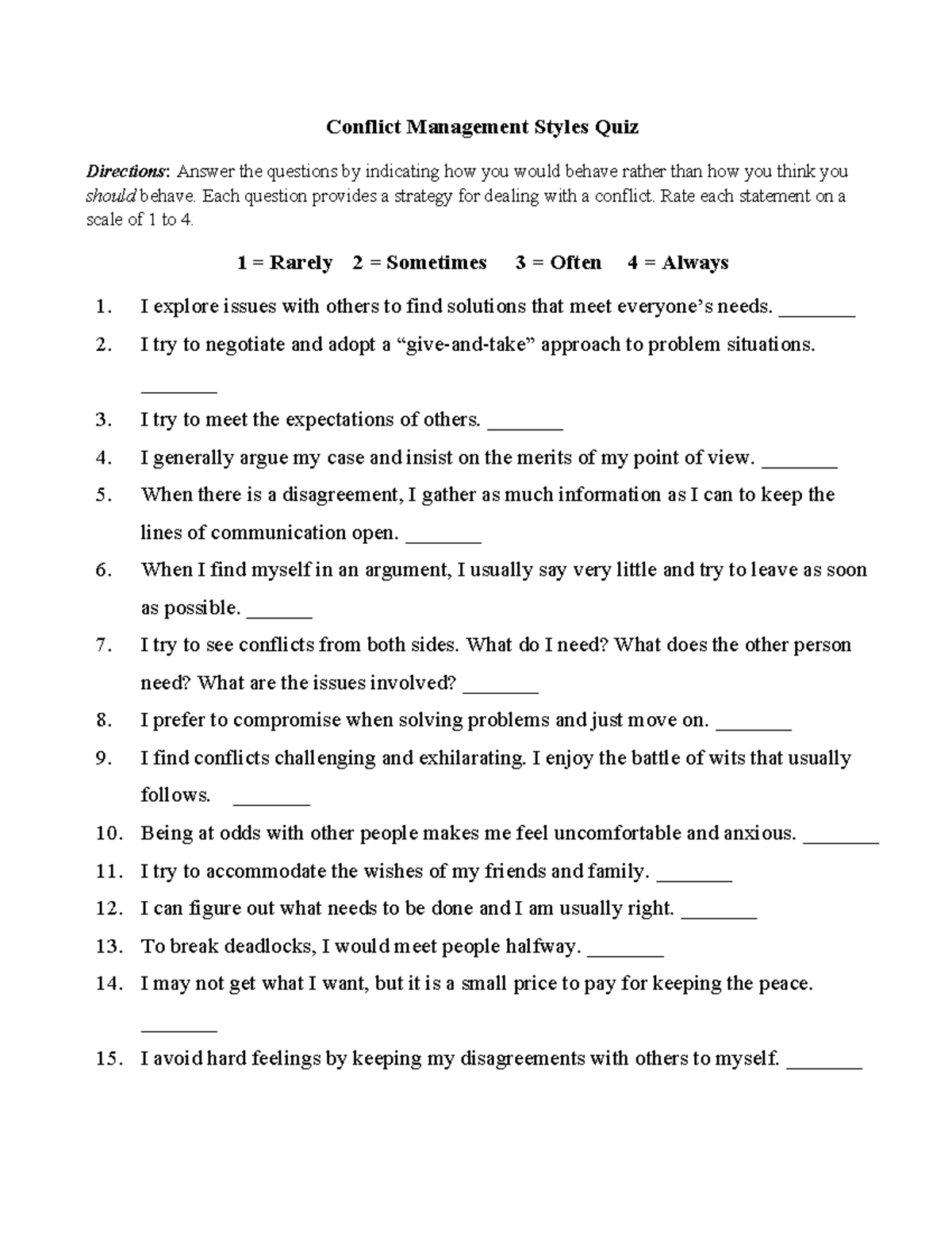 Conflict Management Styles Quiz - Conflict Management Styles Quiz ...