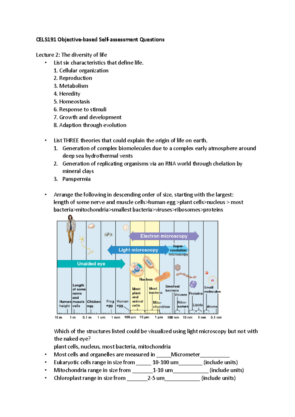 Lecture 2 Objective Based answer - CELS191 Objective-based Self-assessment Questions Lecture 2 ...