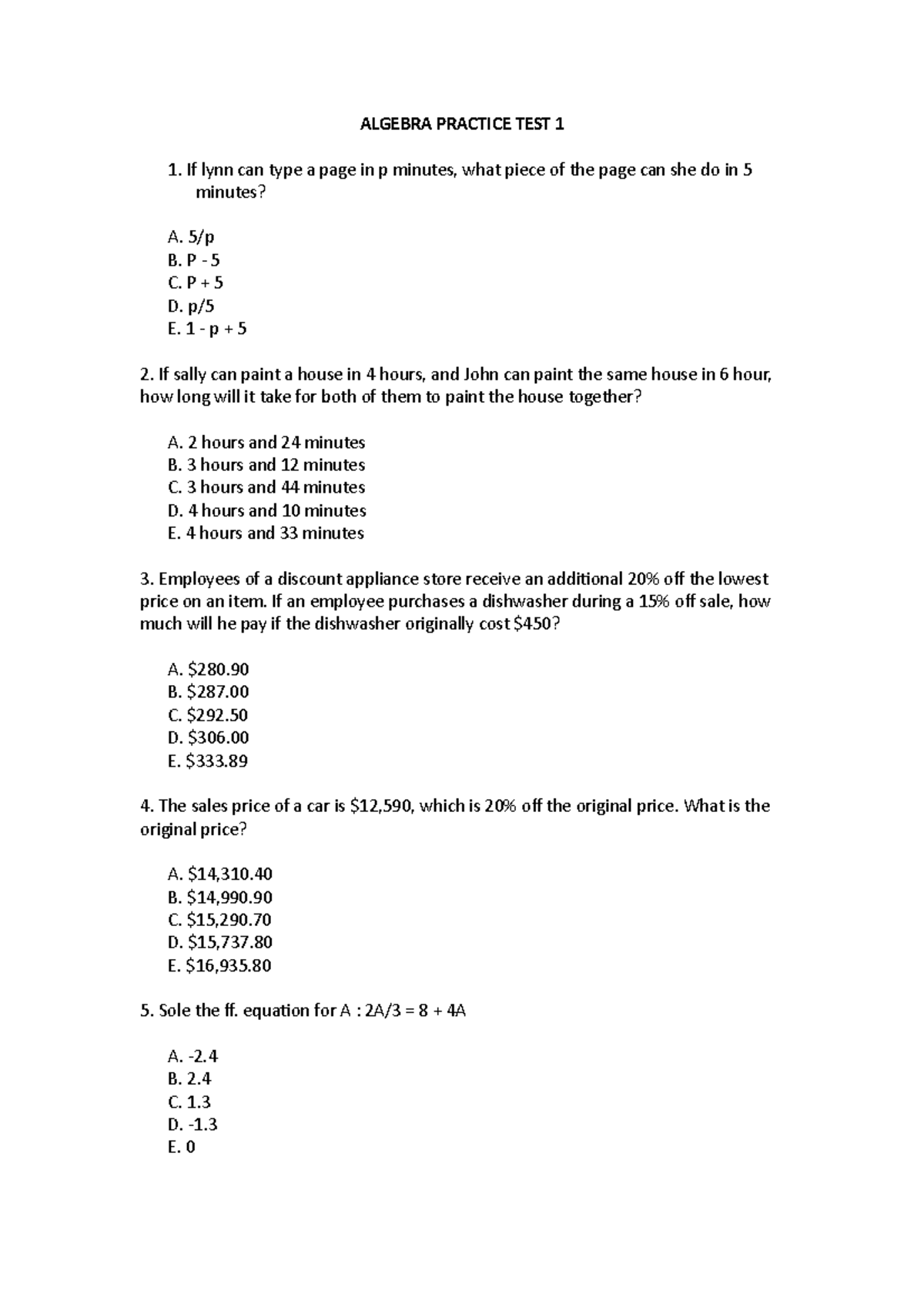 Algebra Practice TEST 1 - ALGEBRA PRACTICE TEST 1 If lynn can type a ...