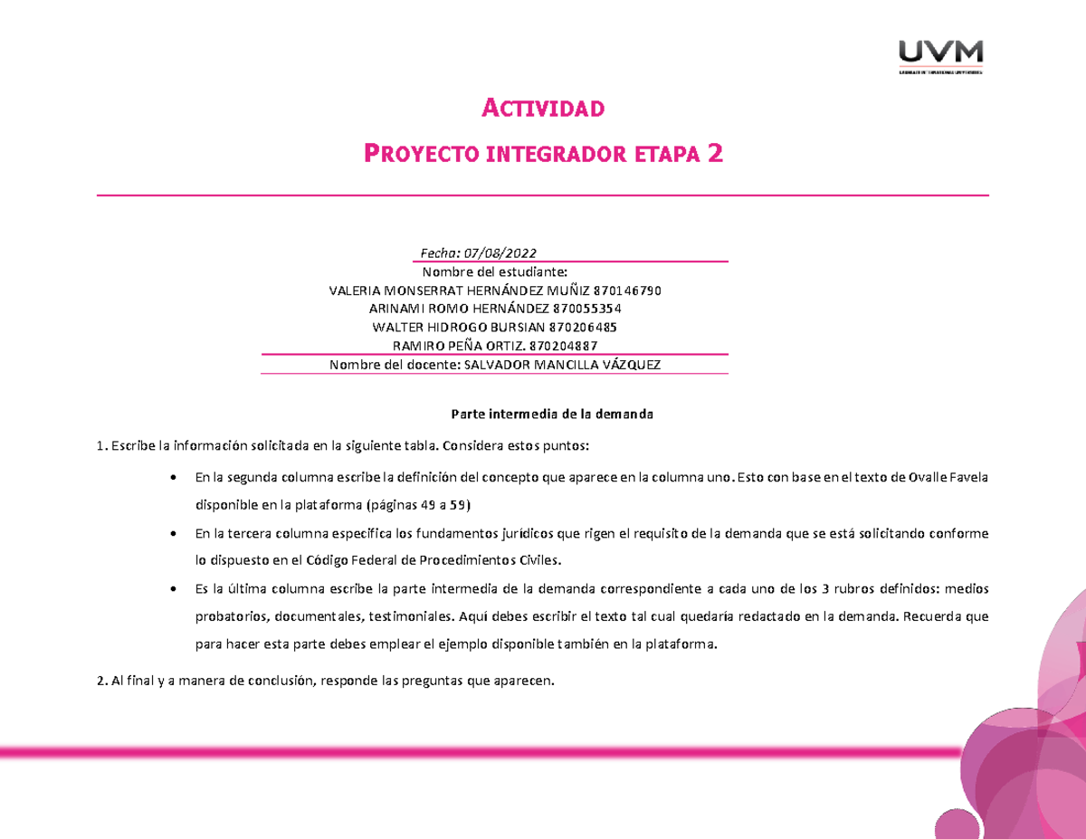 A6 EQ2 - TAREA - ACTIVIDAD PROYECTO INTEGRADOR ETAPA 2 Fecha: 07/08/ Nombre del estudiante ...