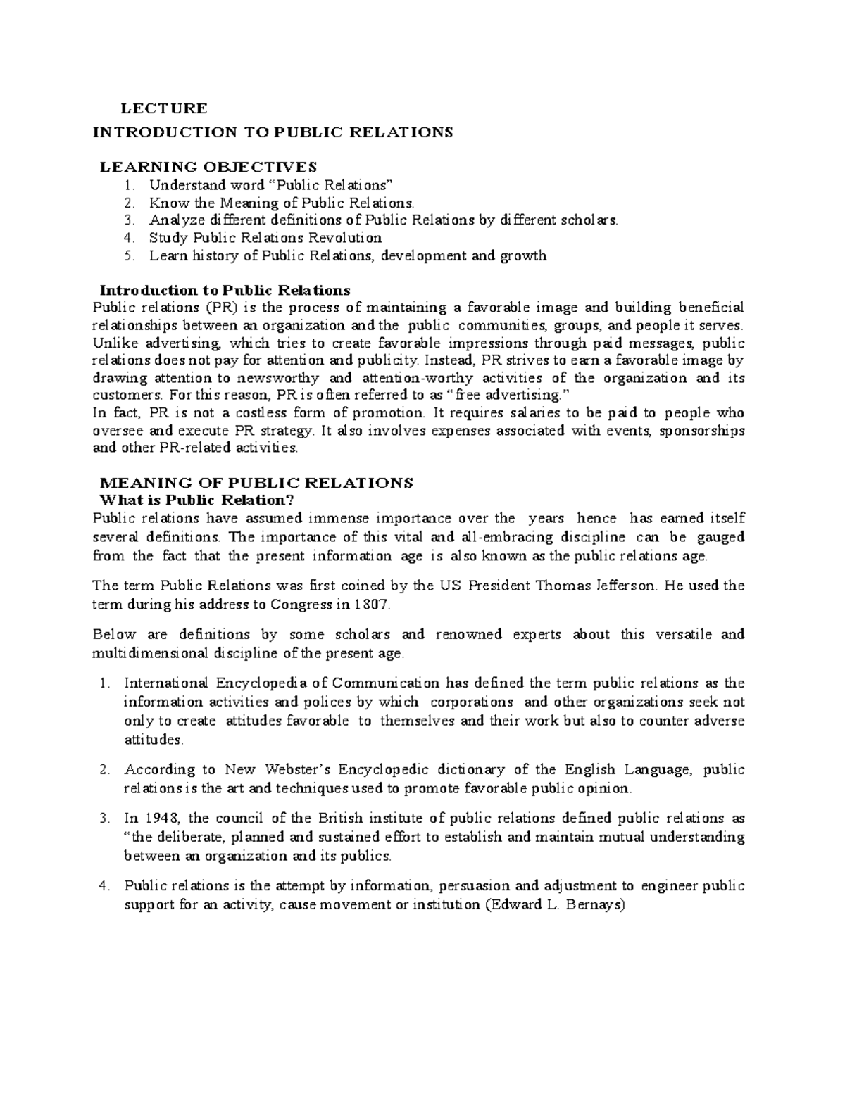 Introduction to Public Relations - LECTURE INTRODUCTION TO PUBLIC ...