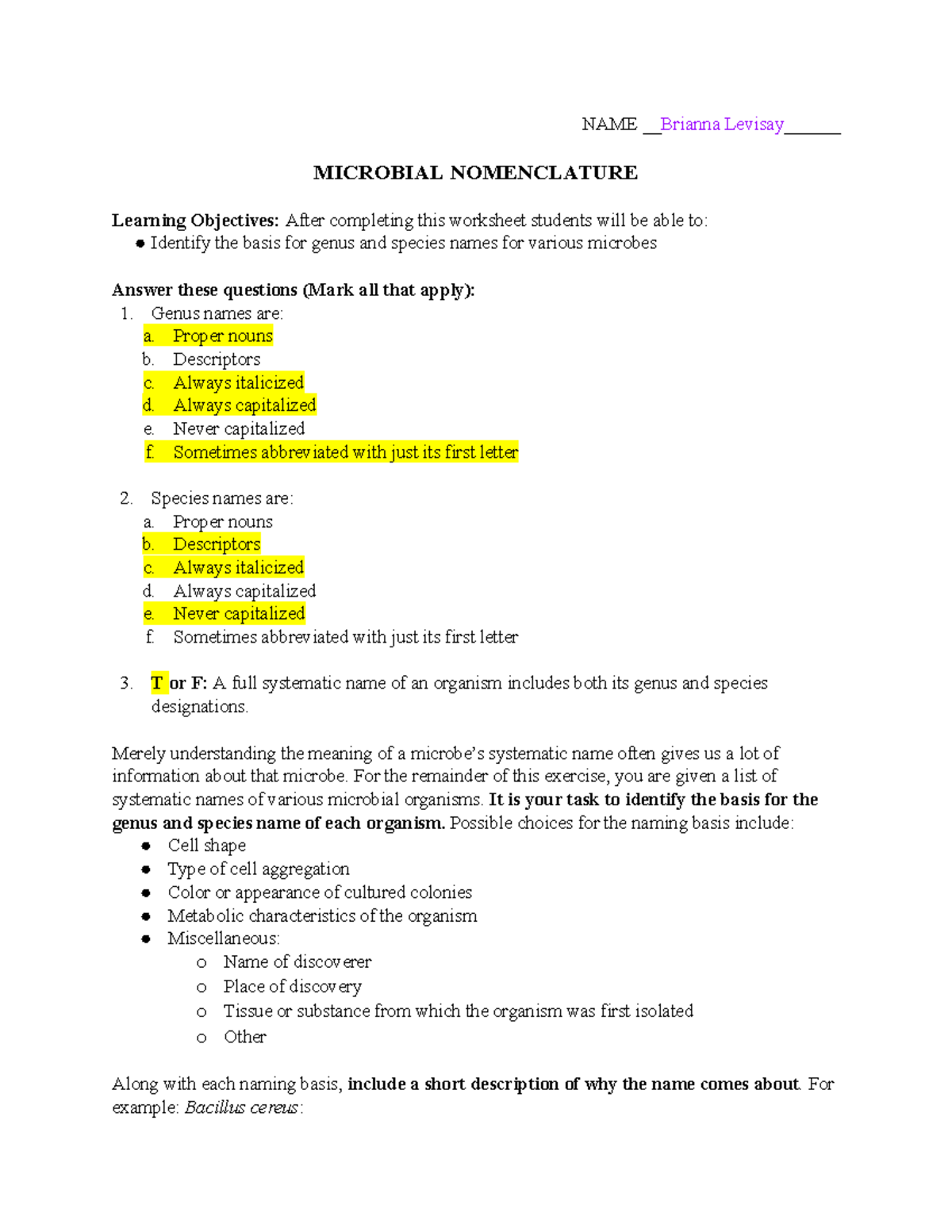 Worksheet 3 Nomenclature Name Brianna Levisay Microbial