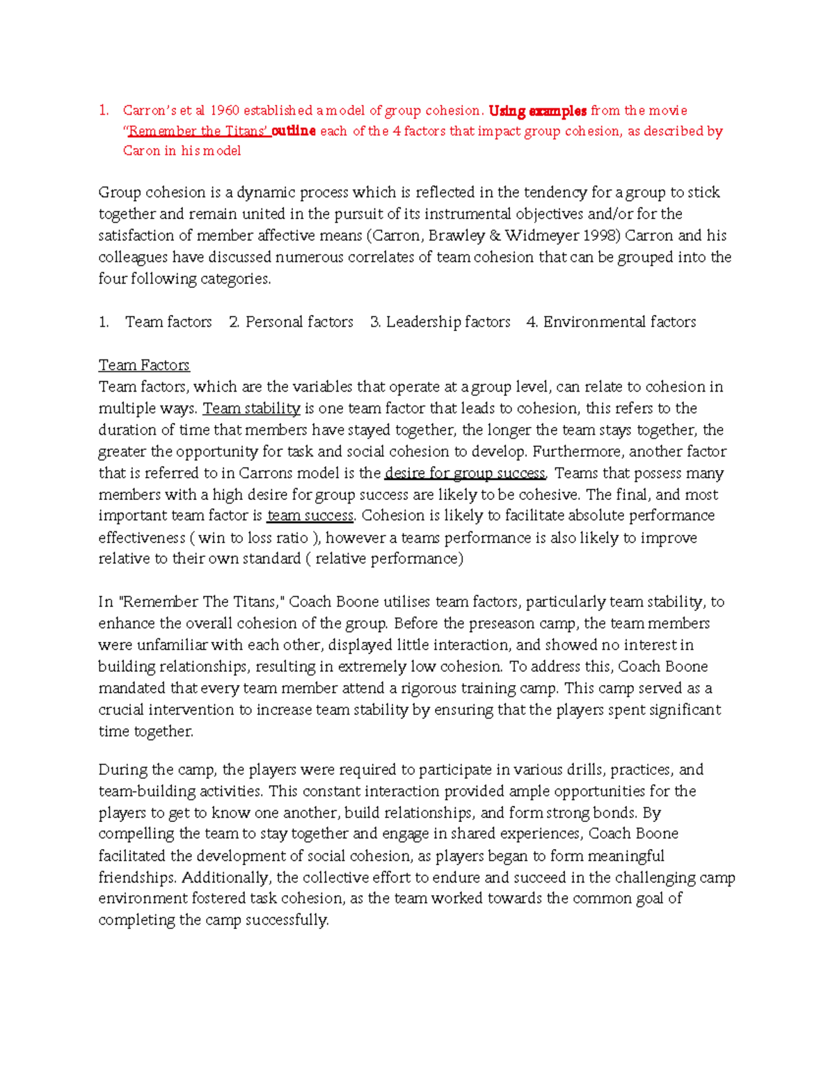 Remember The Titans - Cohesion + Leadership assigment - Carron’s et al ...