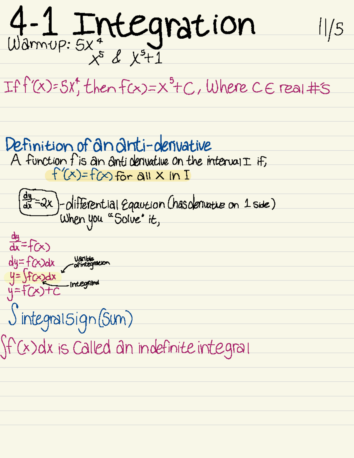 CALC AB Notes unit 4 - 4- Integration 145 Warmup: 5x x 0 x + 1 If f(x ...