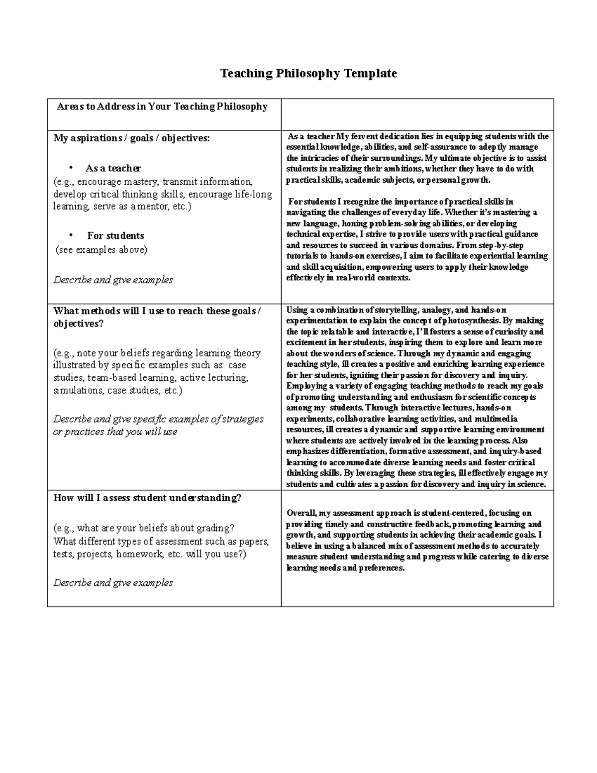 Teaching Philosophy FUL - Teaching Philosophy Template Areas to Address ...
