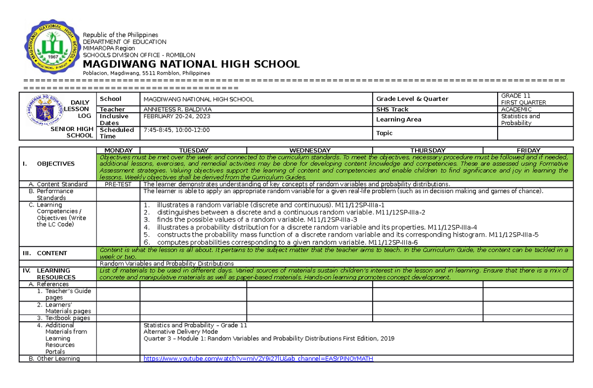 Week1sap - DLL - Republic of the Philippines DEPARTMENT OF EDUCATION ...