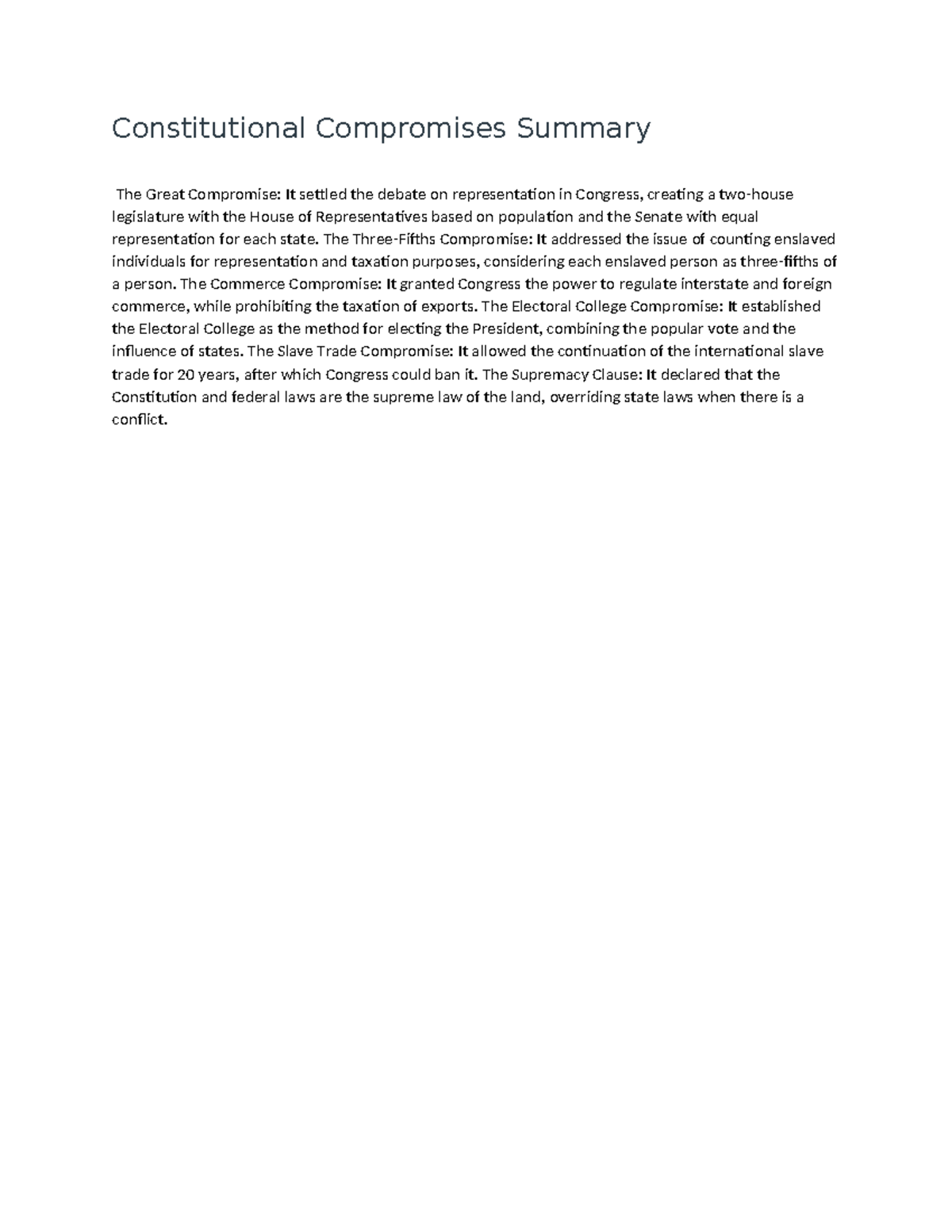 Africa Americas Study Guide - Constitutional Compromises Summary The ...