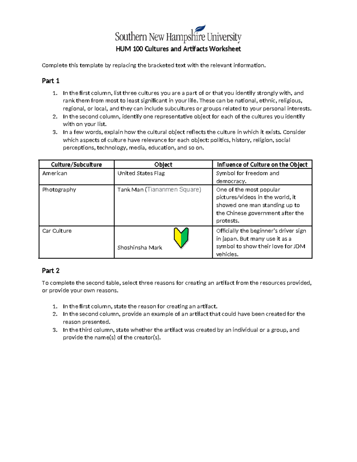 HUM 100 Cultures and Artifacts Worksheet - HUM 100 Cultures and ...