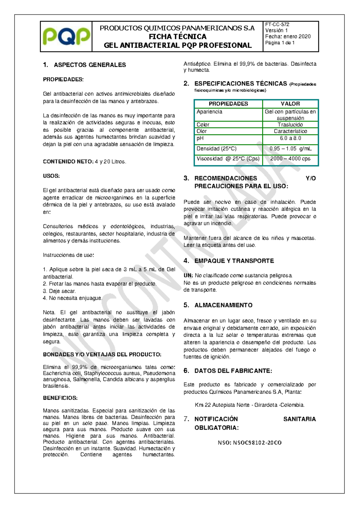 FT-CC-572 Gel antibacterial PQP Profesional - PRODUCTOS QUIMICOS ...