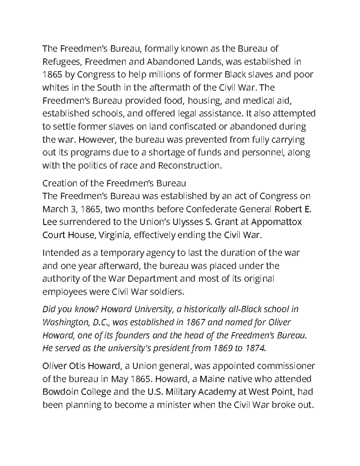 Freedmens Bureau - Lecture Notes - The Freedmen’s Bureau, formally ...