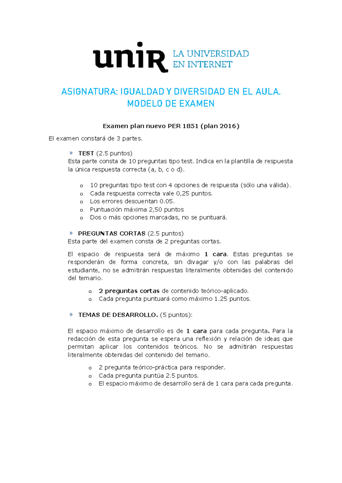 Model de examen Igualdad y Diversidad - ASIGNATURA: IGUALDAD Y ...