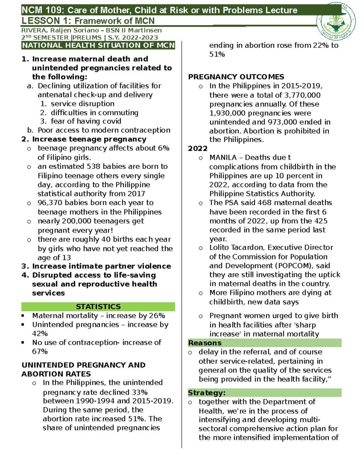 Lesson 1 Framework - NCM 109: Care of Mother, Child at Risk or with ...