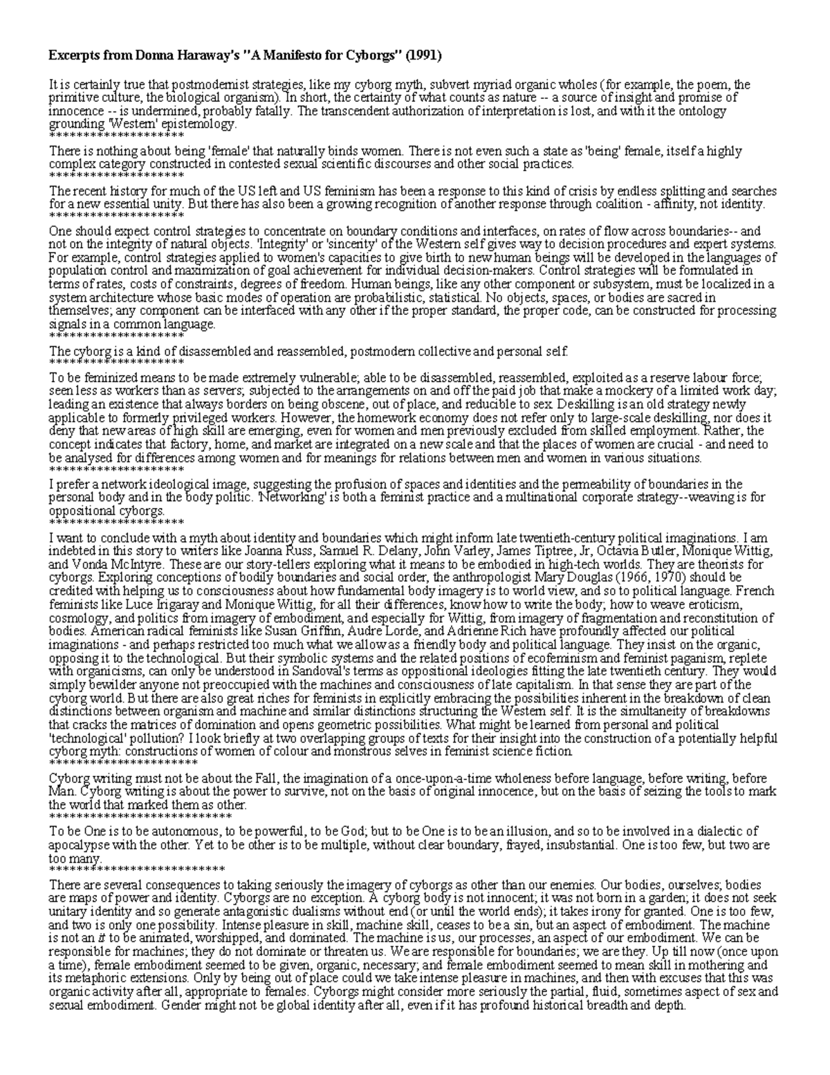 Haraway Cyborg Excerpts 2 - Excerpts from Donna Haraway's "A Manifesto ...