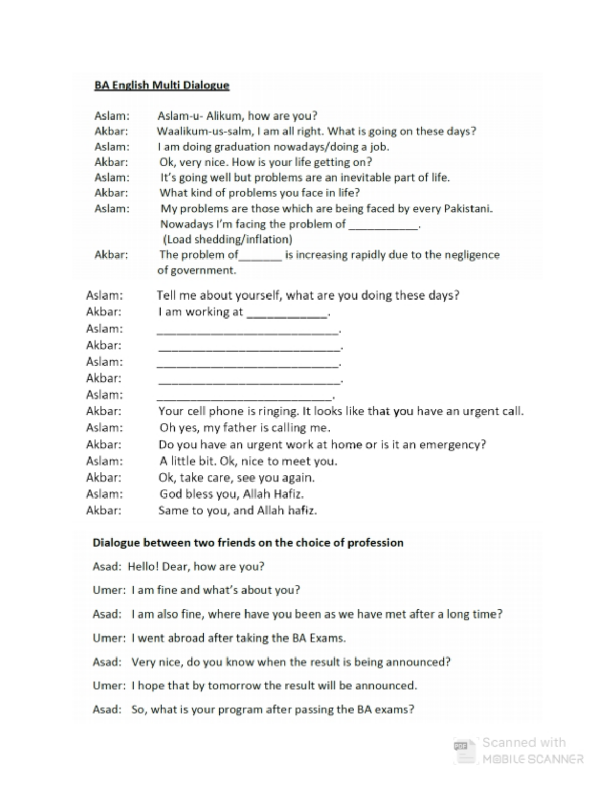 English BA ADP Part 1 - BA English Multi Dialogue Aslam: Alikum, how ...
