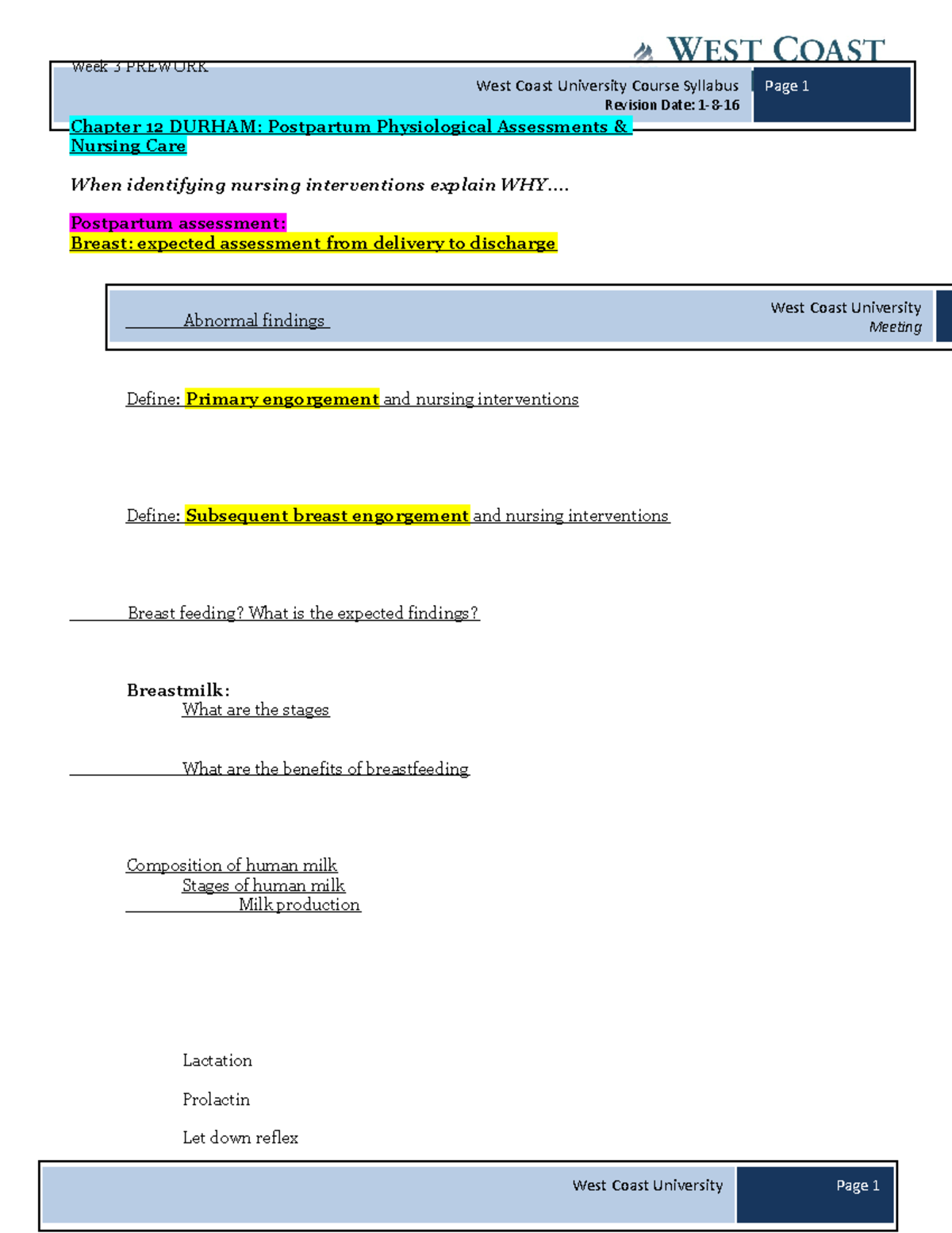 Week 3 prework - n/a - Nurs 306 - WCU - Studocu