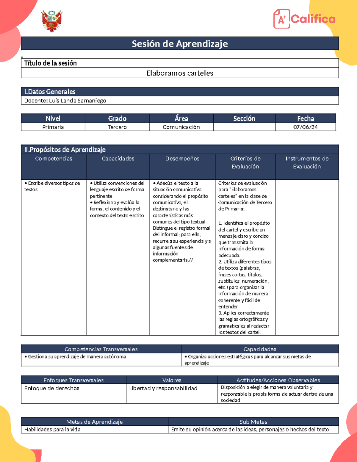 sesiones de aprendizaje de elaboramos carteles para primari - Sesión de ...