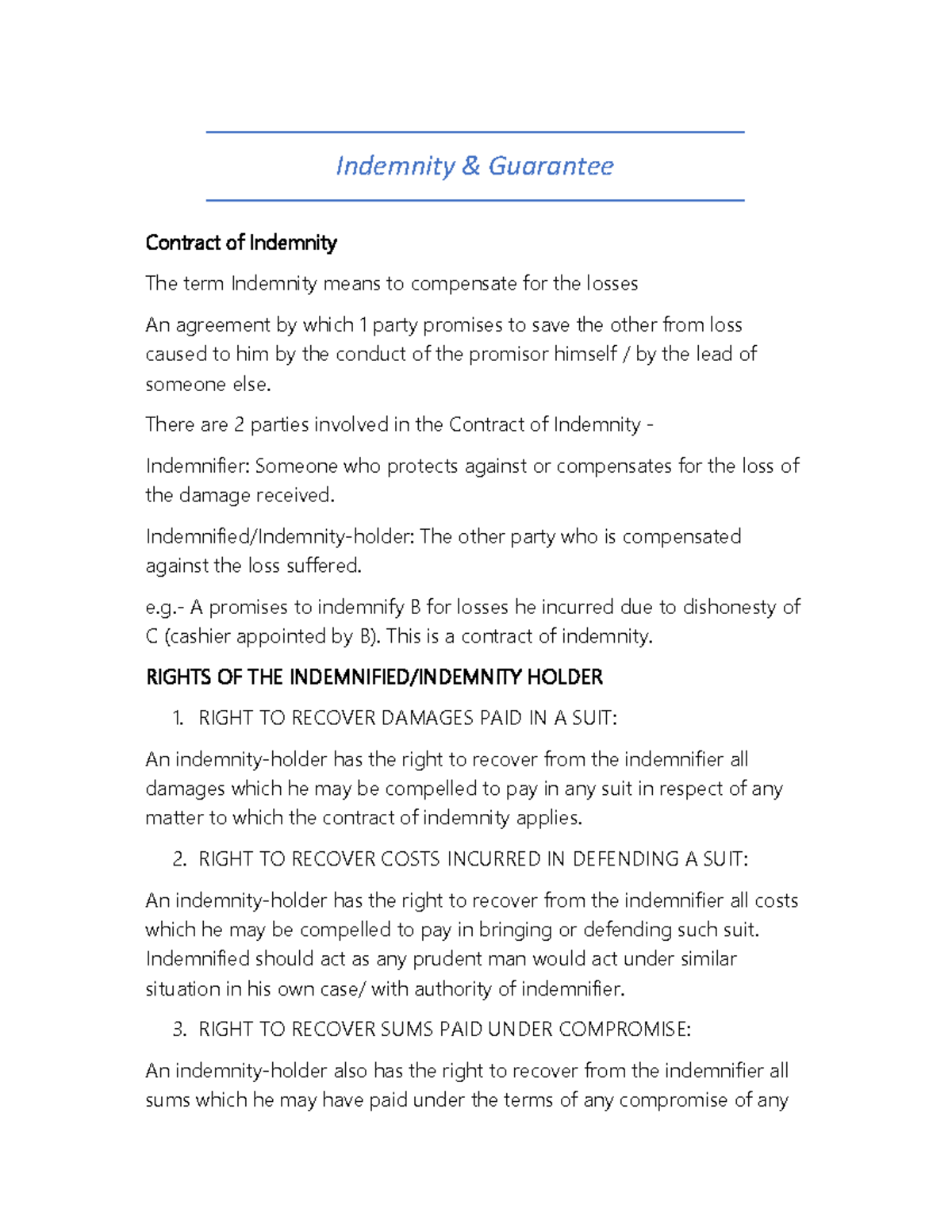 Indemnity AND Guarantee - Indemnity & Guarantee Contract of Indemnity ...