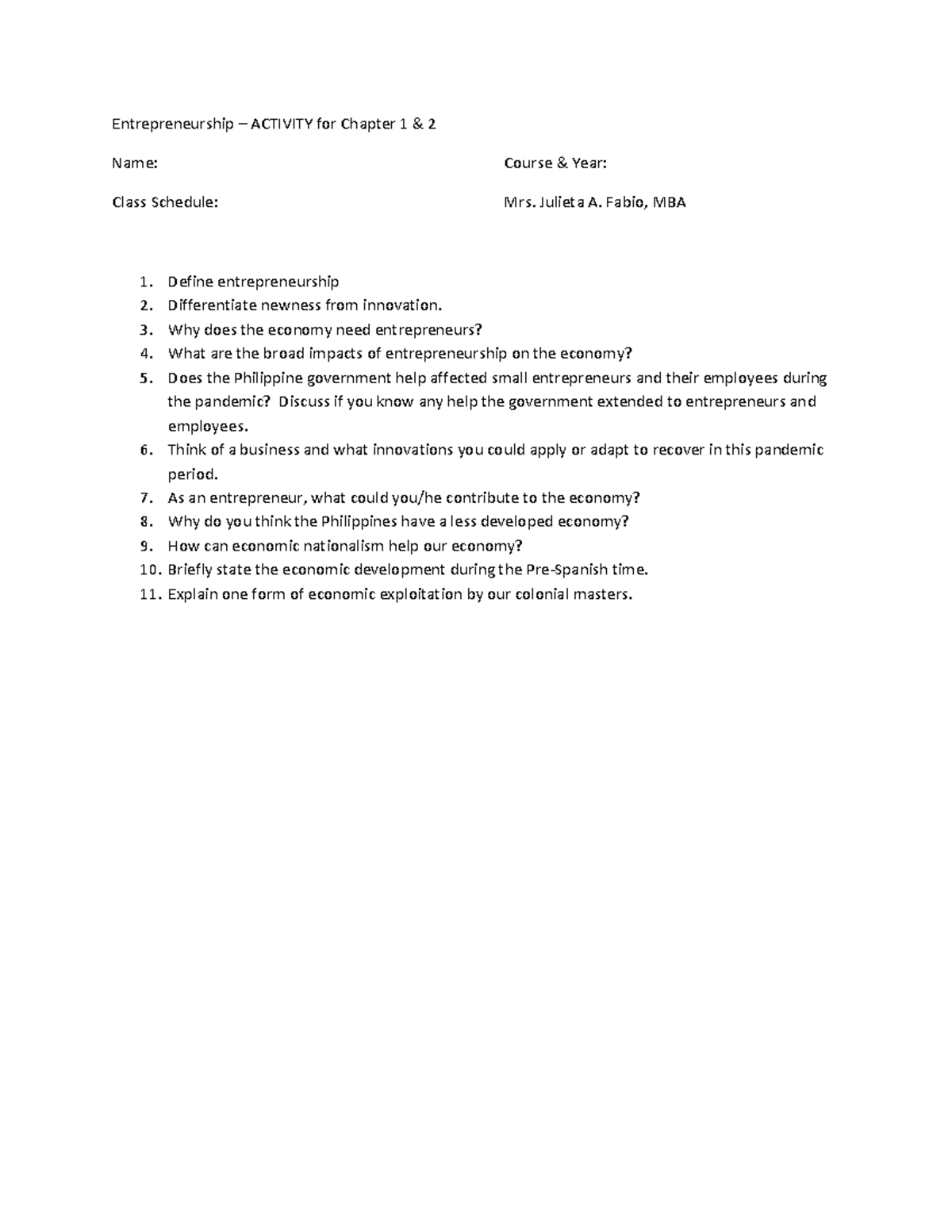 Entrepreneurship Chapter 1 2 activity - Entrepreneurship – ACTIVITY for ...