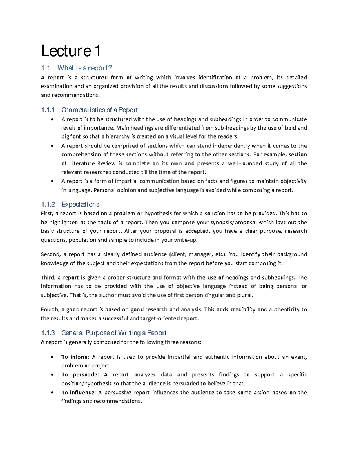 HUM102 Lecture 01 - Lecture 1 1 What is a report? A report is a ...