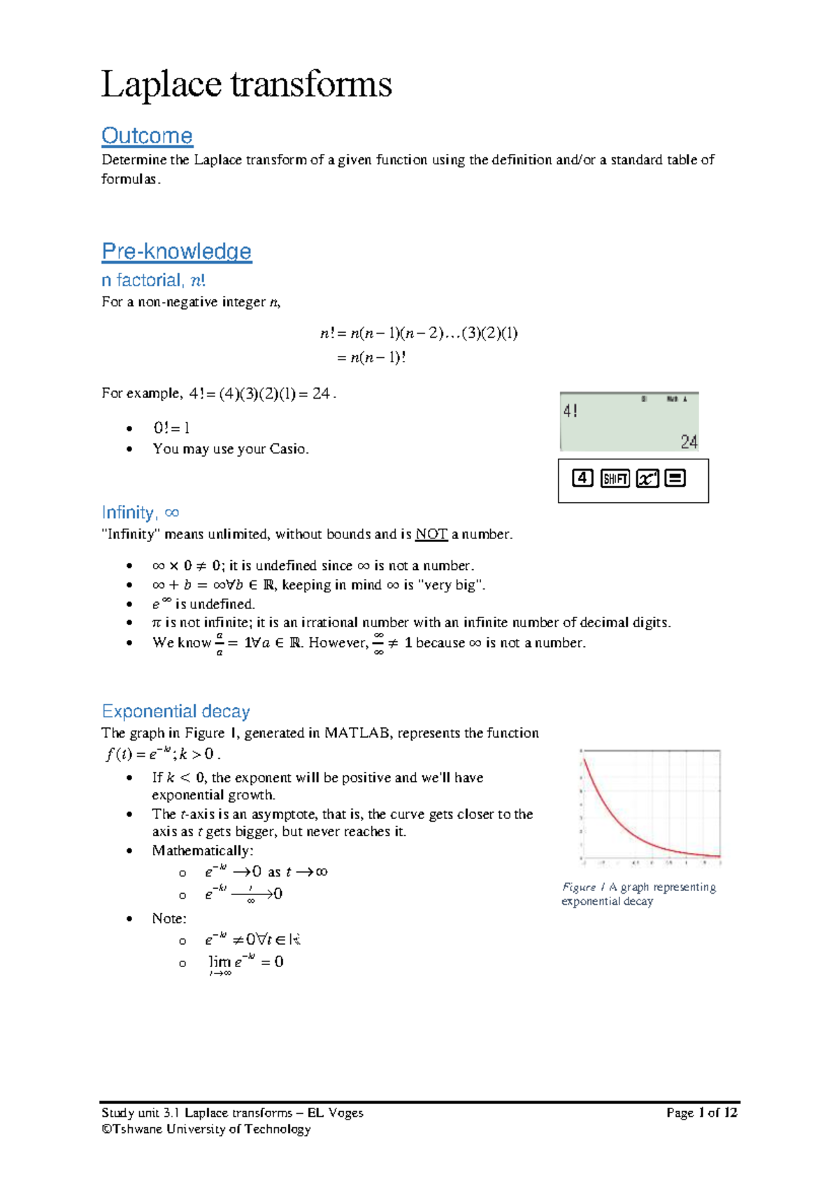 3 1 Laplace Transform Summary - Study unit 3 Laplace transforms – EL Voges Page 1 of 12 Laplace ...