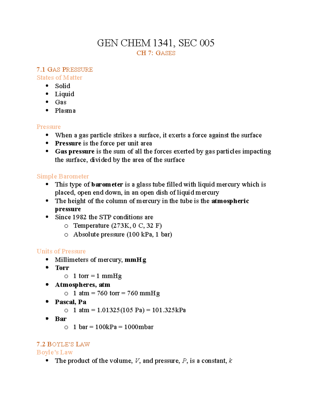 Chem notes, ch. 7 - gases, Fernando Godinez - CHEM 1341 - TXST - Studocu
