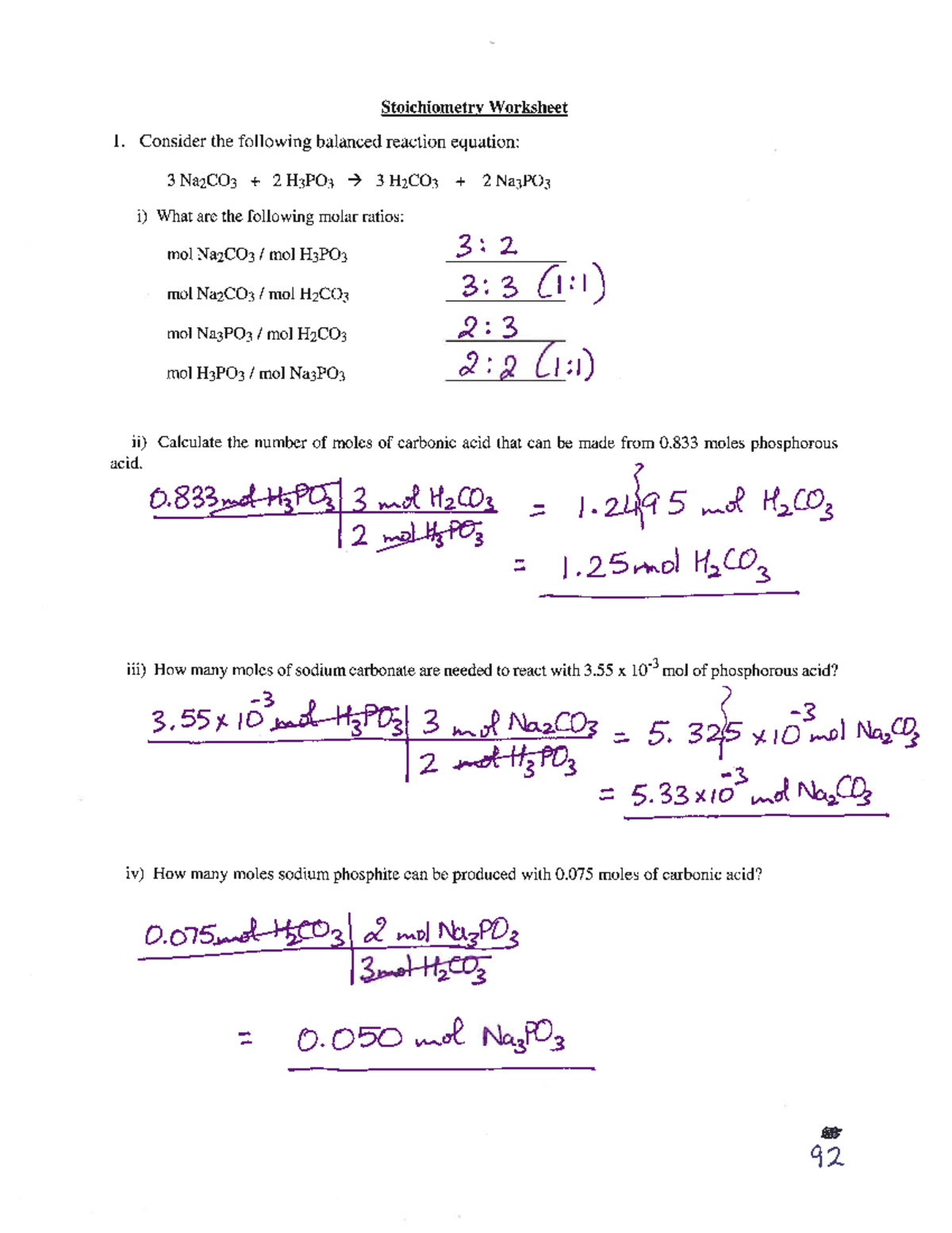 Unit 15 - Stoichiometry Key - Stoichiometry Worksheet Consider the ...