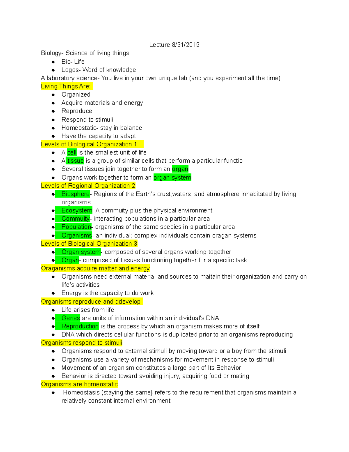 Human Bio 8 31 2019 - Lecture notes 1 - Lecture 8/31/ Biology- Science ...