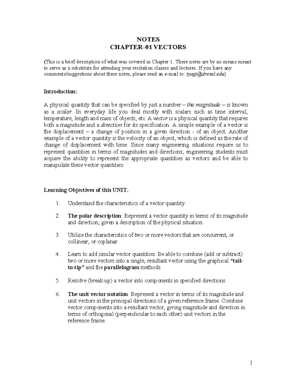 PHYS 101 Ch 01 Vectors Notes - NOTES CHAPTER-01 VECTORS (This is a ...