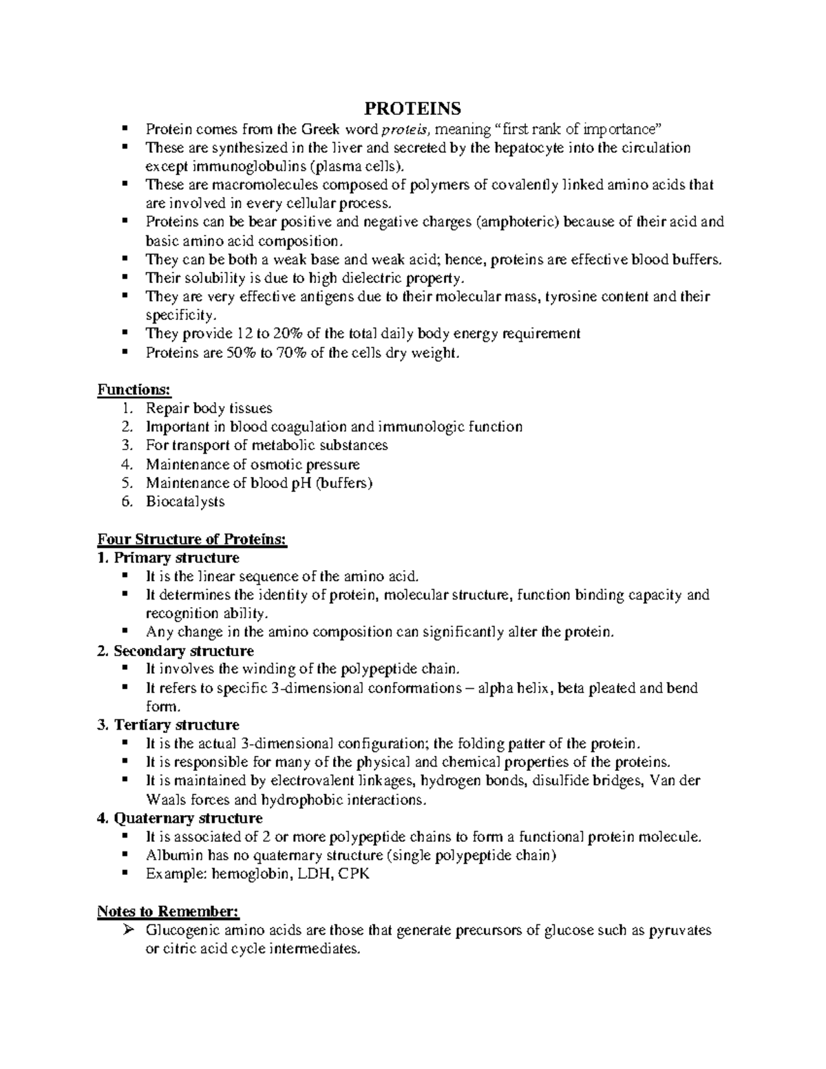 8- Proteins - Summary Clinical Chemistry - PROTEINS Protein comes from ...